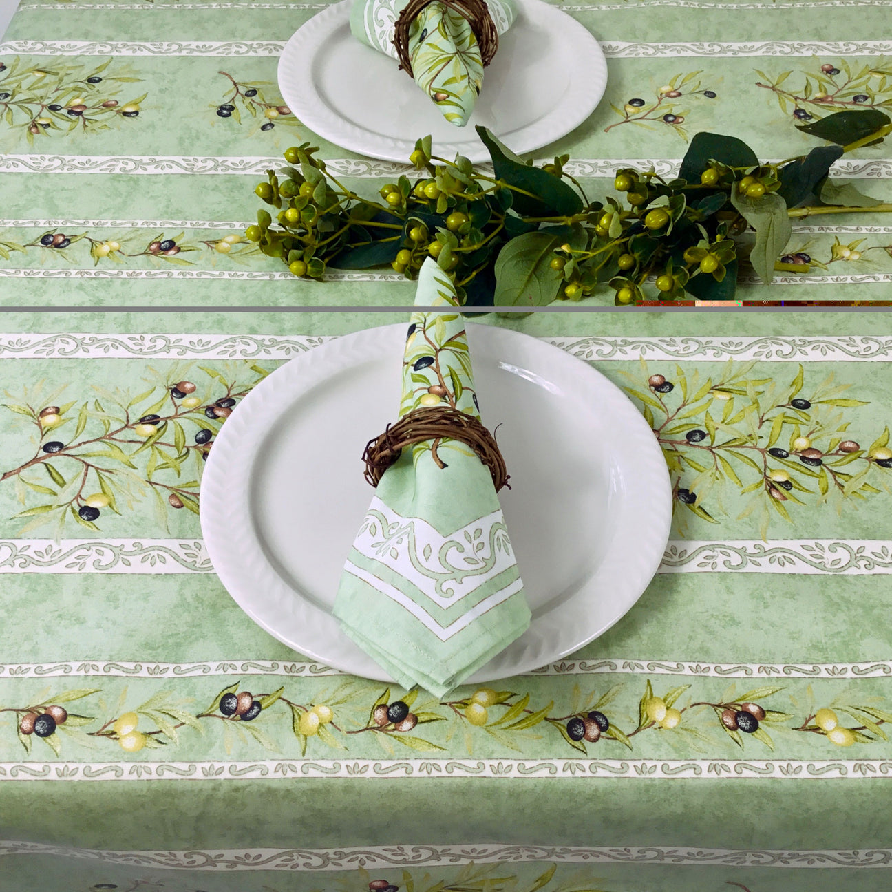 Acrylic Coated French Tablecloth | Olives Sprigs | Amelie Michel